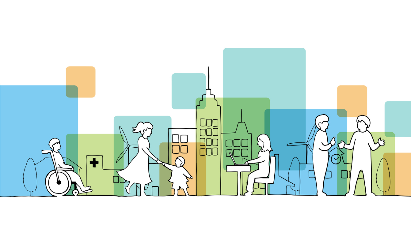 Line drawing of city landscape with people | Fondazione Adecco